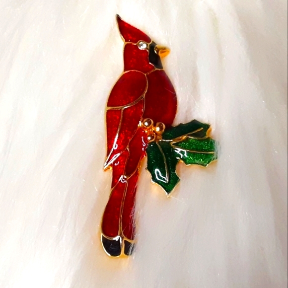Vintage | Jewelry | Cardinal Holly Enamel Brooch | Poshmark
